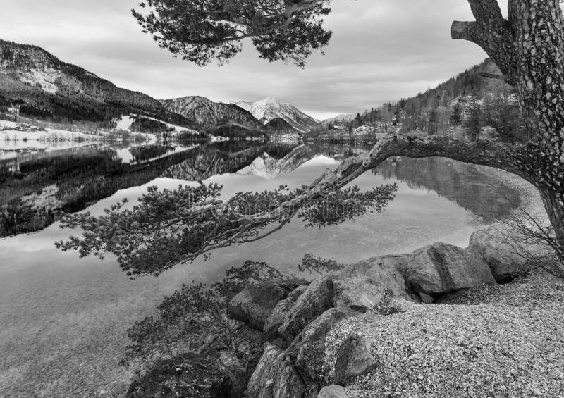 Grayscale. Cloudy Winter Alpine Lake Grundlsee View Austria with ...
