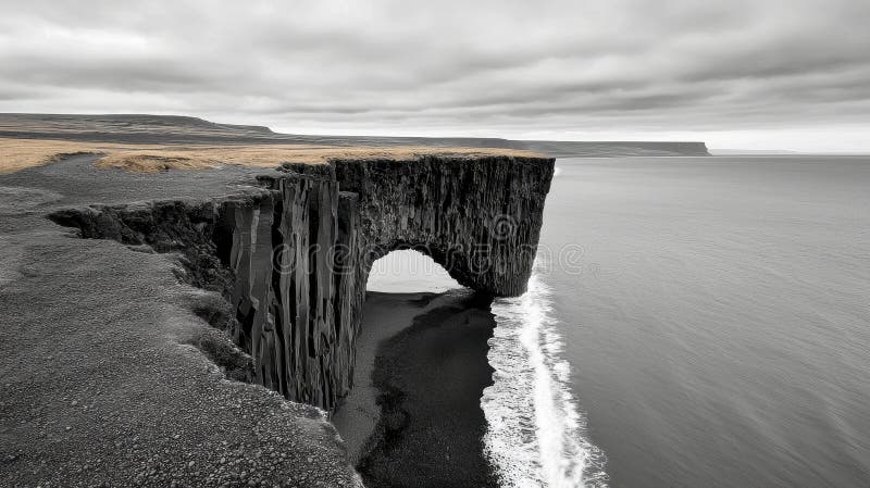 Grayscale Coastal Cliff with Archway, Dramatic Ocean View Stock ...