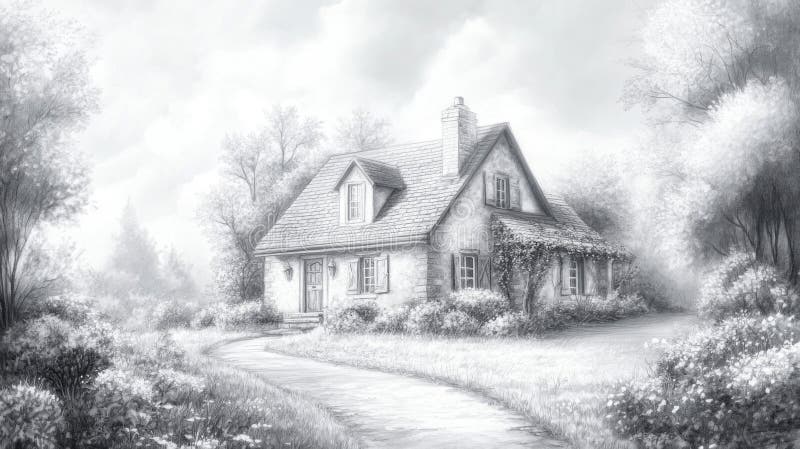 Grayscale Cottage Drawing in a Peaceful Countryside Setting Stock ...