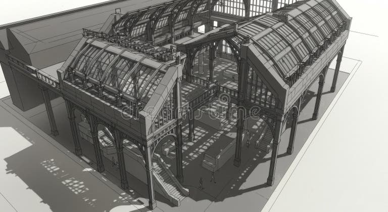 Grayscale 3D Model of Industrial Building Structure Stock Illustration ...