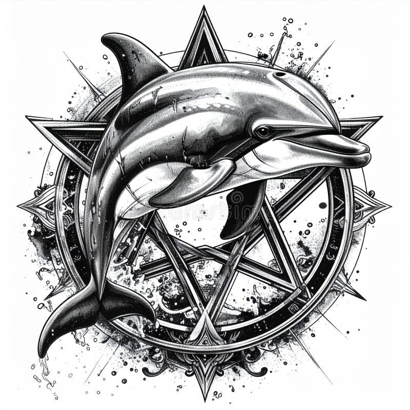 Grayscale Dolphin Tattoo Design with Compass Star Stock Illustration ...