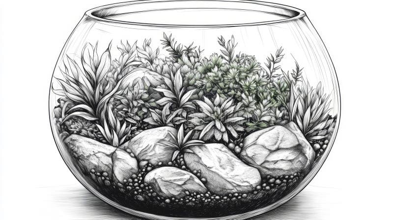Grayscale Drawing of a Glass Terrarium with Plants and Rocks Stock ...