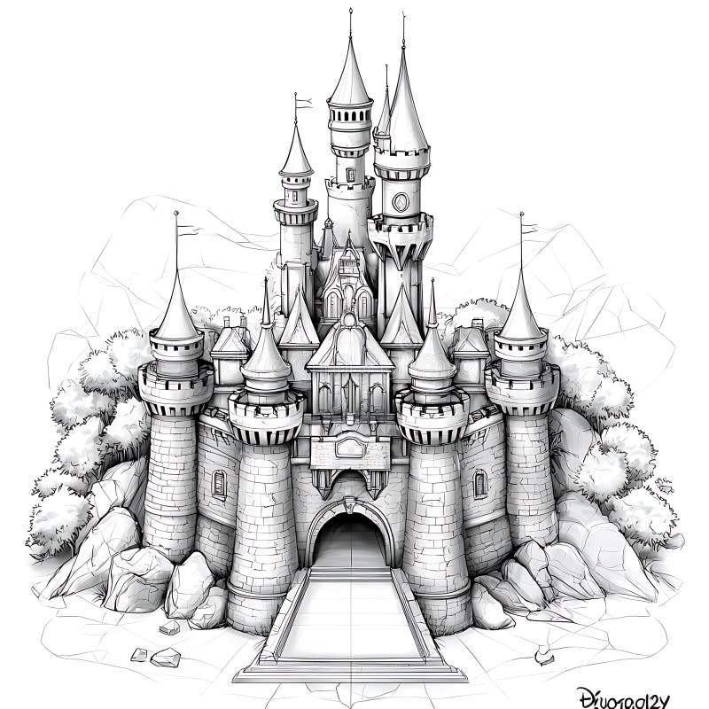 Grayscale Drawing of a Majestic Stone Castle Stock Illustration ...