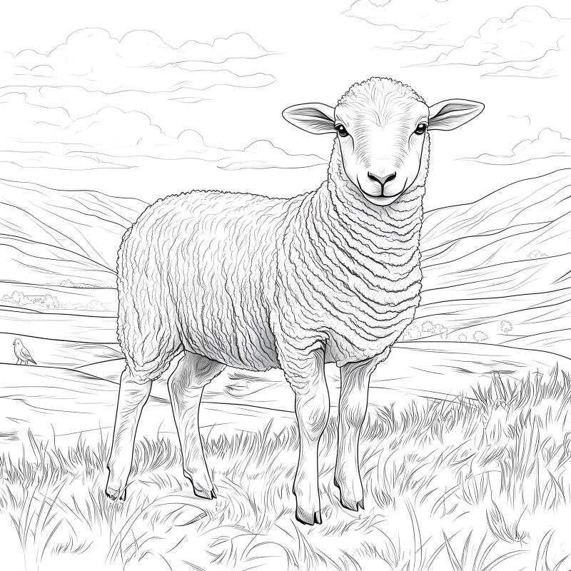 Grayscale Drawing of a Sheep in a Field Stock Illustration ...