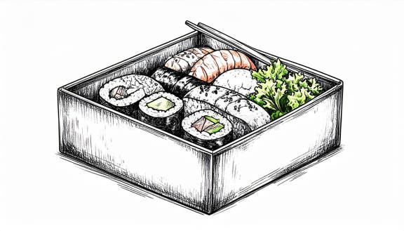 Grayscale Drawing of Sushi Bento Box Stock Illustration - Illustration ...