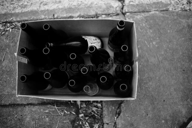Grayscale of Empty Glass Bottles in the Box Put on the Ground, a Top ...