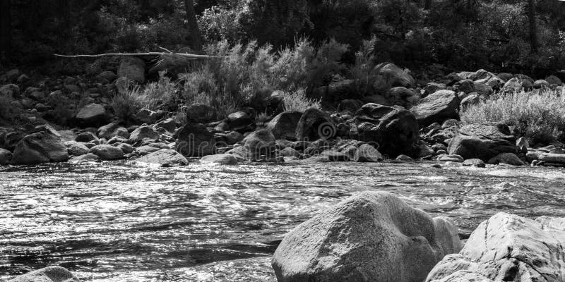 Grayscale of a Flowing Rocky River Stock Image - Image of summer ...