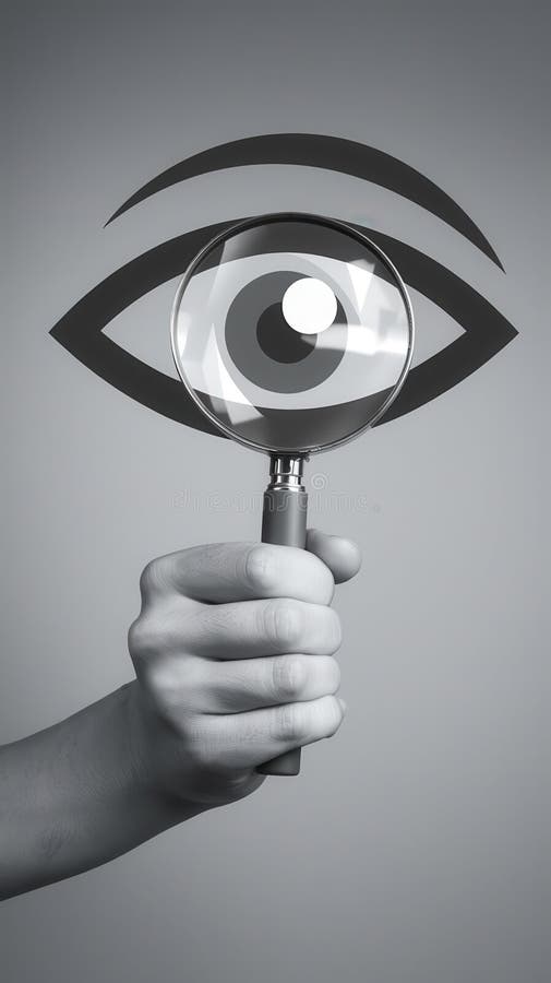Grayscale Hand Holding Magnifying Glass Over Eye for Close Inspection ...