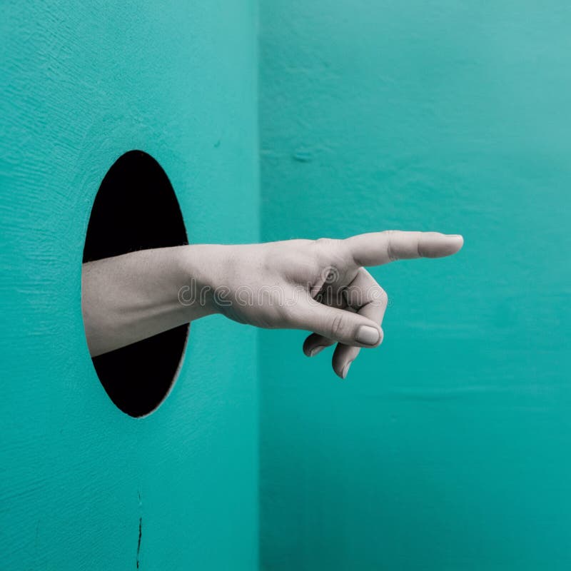 Grayscale Hand Pointing Right, Emerging from Circular Opening on ...