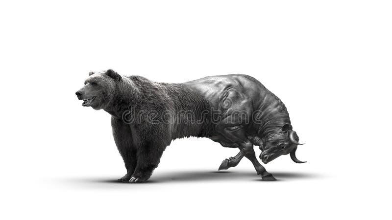 Grayscale Illustration of a Bear and a Bull Merged Together on a White ...