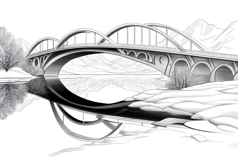 A Grayscale Illustration of a Bridge Reflected in a Still Lake, with ...