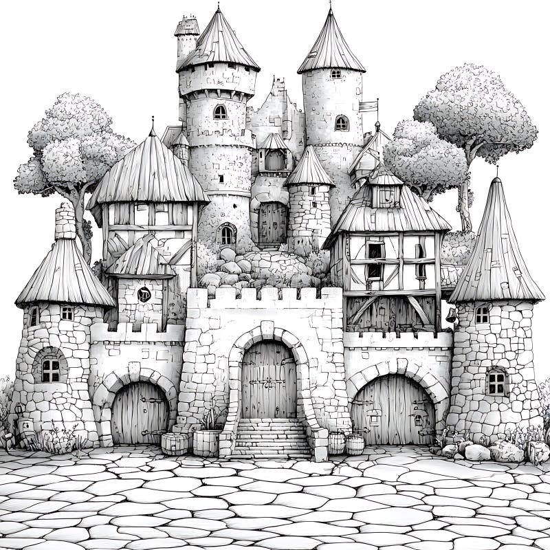 Grayscale Illustration of a Fairytale Castle Stock Illustration ...