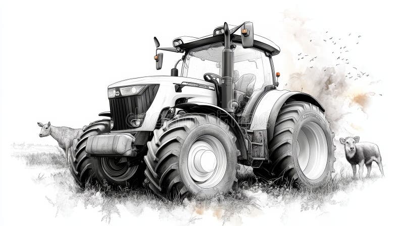 A Grayscale Illustration of a Powerful Tractor in a Field. the Tractor ...