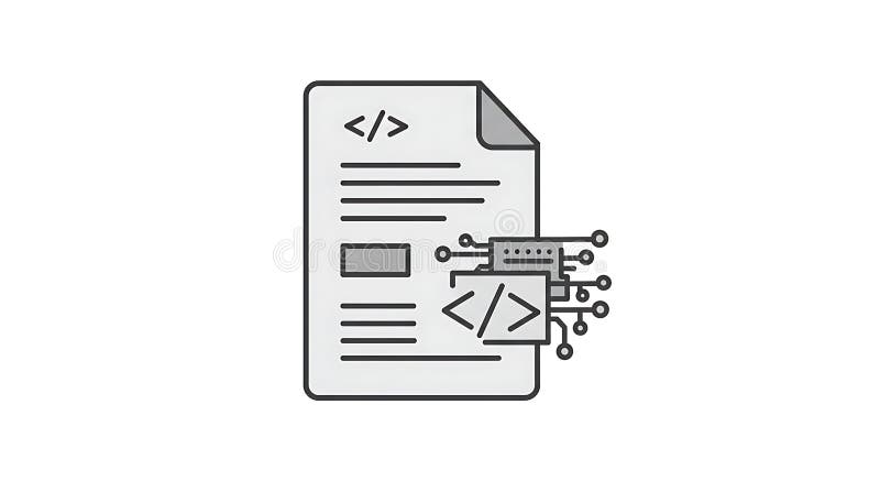 A Grayscale Illustration Shows a Document Icon Featuring Code Symbols, Typically Stock ...