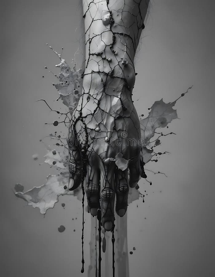 A Cracked Hand Emerging from Paint Splatter: a Monochrome Study of ...