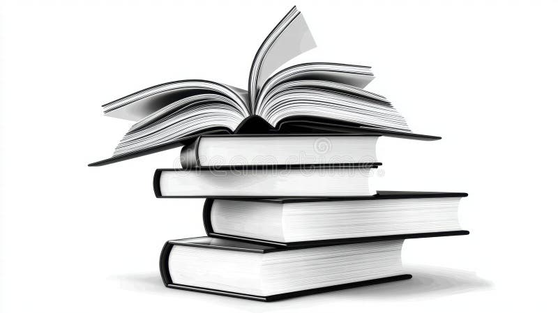 Grayscale Stack of Five Books Topped with Open Volume on White ...
