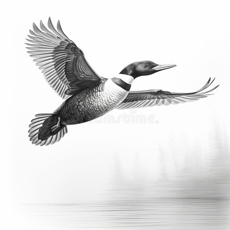 Grayscale Image of Flying Common Loon in Profile Stock Illustration ...