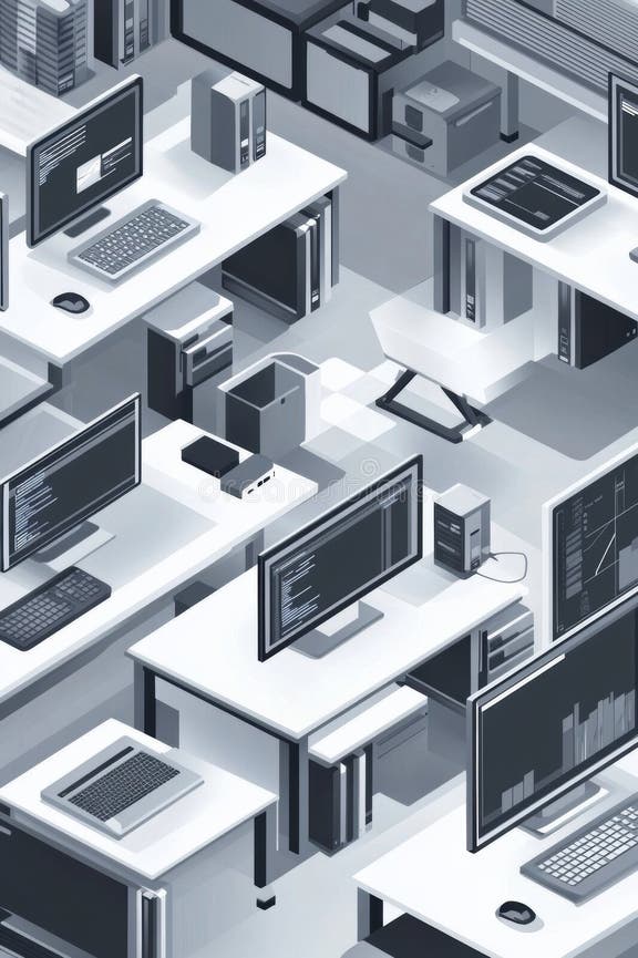 Monochrome Office with Multiple Computer Workstations and Coding ...