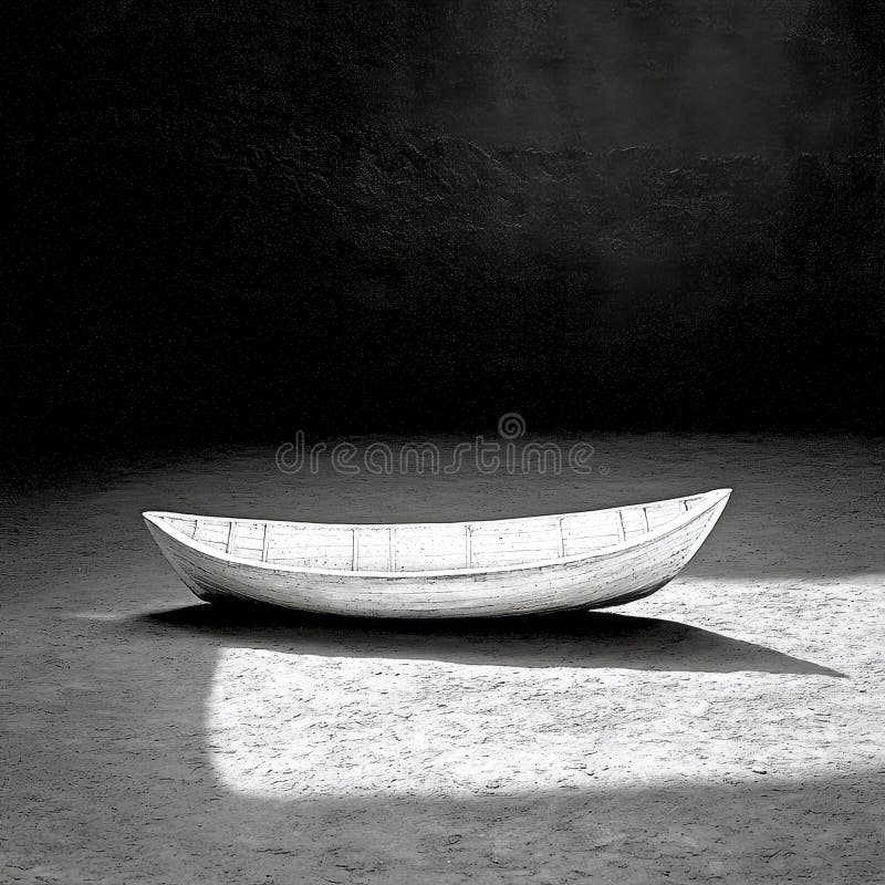 Grayscale Image of Small Metallic Boat on Dark Surface with Light Beam ...