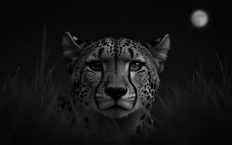 Grayscale of a Leopard Hiding in the Grass in the Darkness and Getting ...