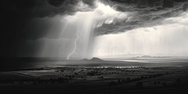 Grayscale of a Lightning Storm Over a Rural African Landscape, AI ...