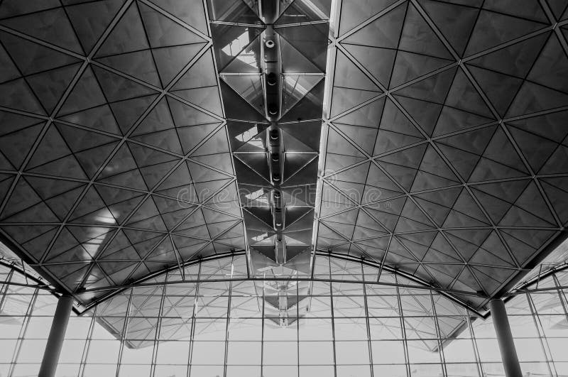 Grayscale Low Angle Shot of the Ceiling of Modern Airport Stock Image ...