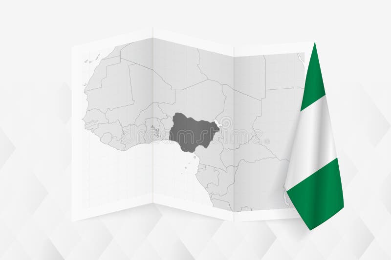 A Grayscale Map of Nigeria with a Hanging Nigerian Flag on One Side ...