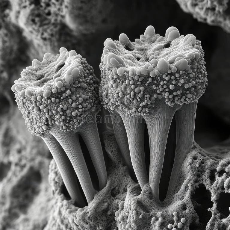 Grayscale Microscopic View of Two Textured Organic Structures Stock Illustration - Illustration ...