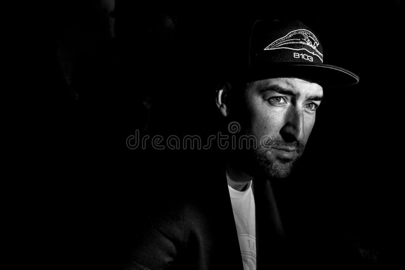 Grayscale Photo Portrait of Man in Black Cap Stock Image - Image of ...