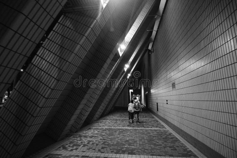 Grayscale Rear of People Inside a Triangle Building Lights on Editorial ...