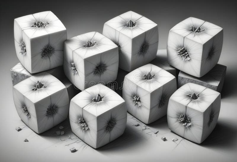 Grayscale Rendering of Cubes with Floral Patterns Breaking through Them ...