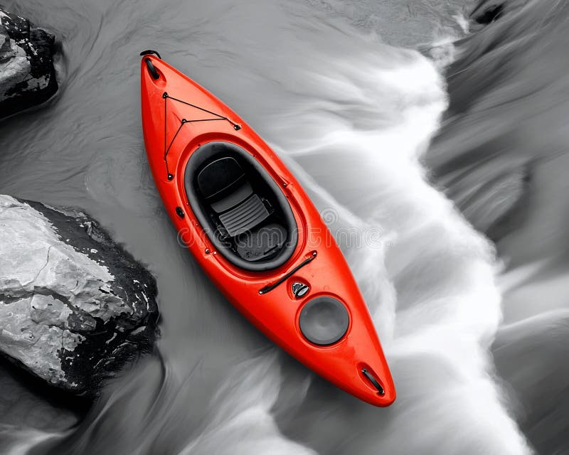 Grayscale River with a Red Kayak Stock Illustration - Illustration of ...