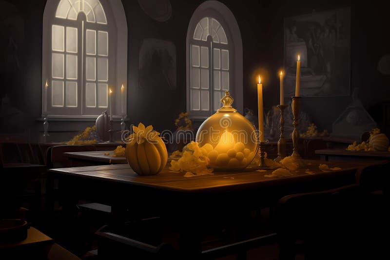 Grayscale Room with Large Windows Illuminated by Candlelight ...