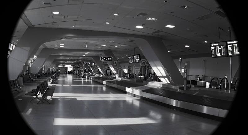 Grayscale Security Camera View of Empty Airport Terminal at Night Stock ...