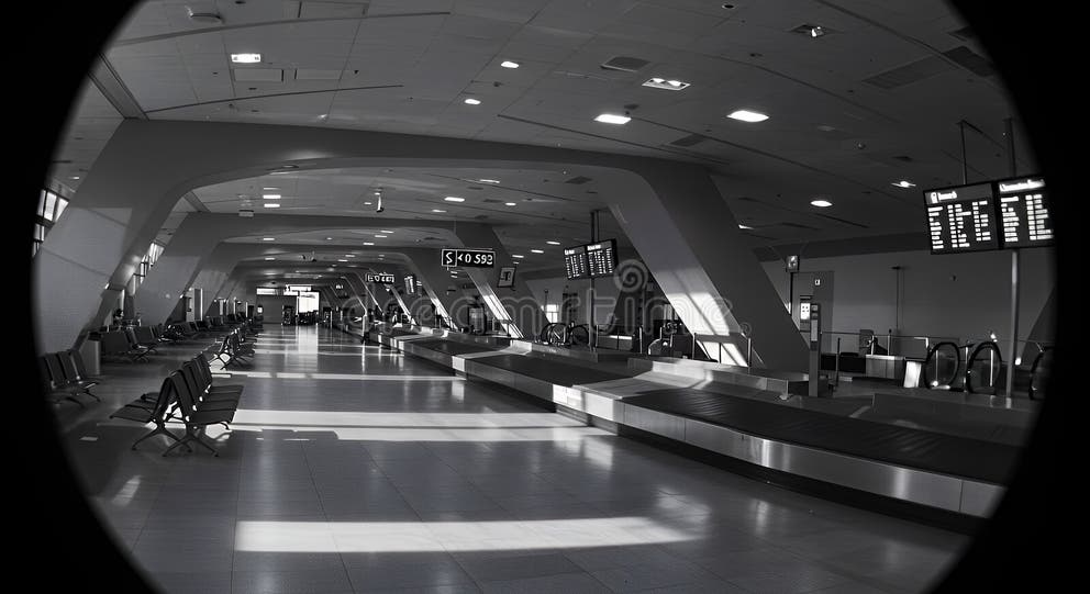 Grayscale Security Camera View of Empty Airport Terminal at Night Stock ...