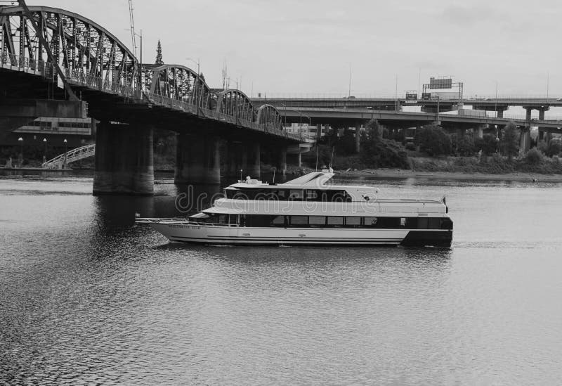 Grayscale of a Ship in a Lake with Stone Bridge Editorial Stock Photo ...