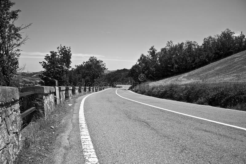 Grayscale Shot of an Asphalt Road at the Side of a Hill with Trees and ...
