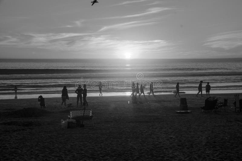 Grayscale Shot of a Bright Sunset on a Beach with Silhouettes of People ...