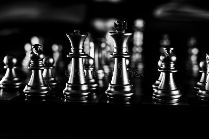 Grayscale Shot of a Chess Board with the Pieces Lined on Top Stock ...