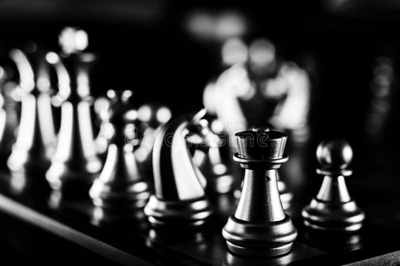 Grayscale Shot of a Chess Board with the Pieces Lined on Top Stock ...