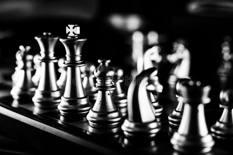 Grayscale Shot of a Chess Board with the Pieces Lined on Top Stock ...