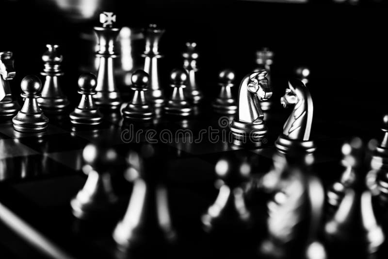 Grayscale Shot of a Chess Board with the Pieces Lined on Top Stock ...