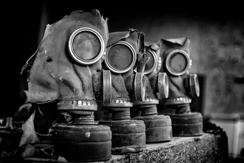 Grayscale Shot of Four Toxic Gas Masks Stock Image - Image of chemical ...