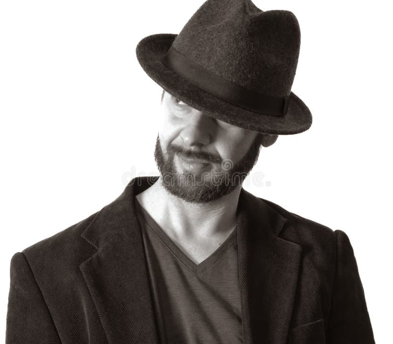 Grayscale Shot of a Handsome Bearded Male Wearing a Fedora Hat Stock ...