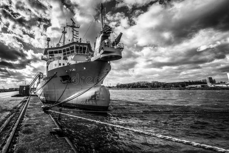 Grayscale Shot of a Large Ship at the Harbor Stock Photo - Image of ...
