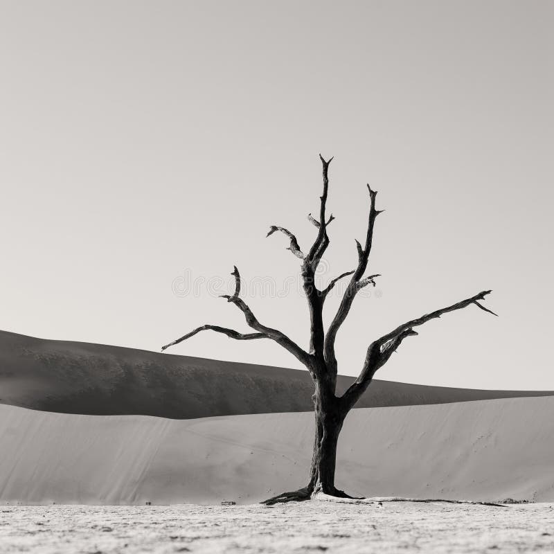 Grayscale Shot of a Lone Dead Tree in the Desert with Sand Dunes in the ...