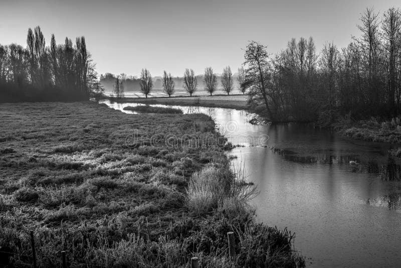 Grayscale Shot of a River Flowing through the Countryside Stock Image ...