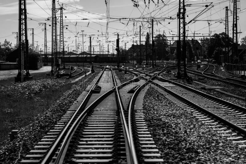 Grayscale Shot of Train Rail Tracks Stock Image - Image of industrial ...