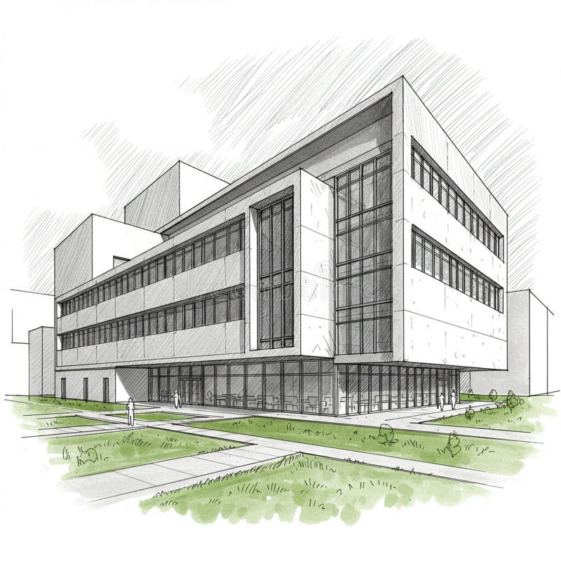 A Grayscale Sketch Depicts a Modern, Rectangular Building with Multiple ...