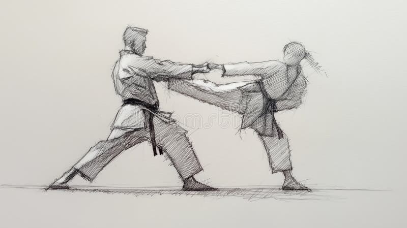 Grayscale Sketch of Two People Practicing Martial Arts. Stock Photo ...